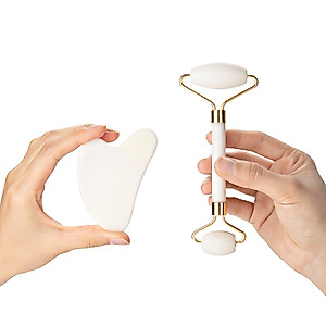 Gua Sha Facial Tools & Jade Roller for Face, Eye & Neck Skin Care, 100% Natural Jade Stone Face Roller Gua Sha Massage Tool, Eye Roller for Puffy Eyes, Facial Self Care Kit for Women (White)