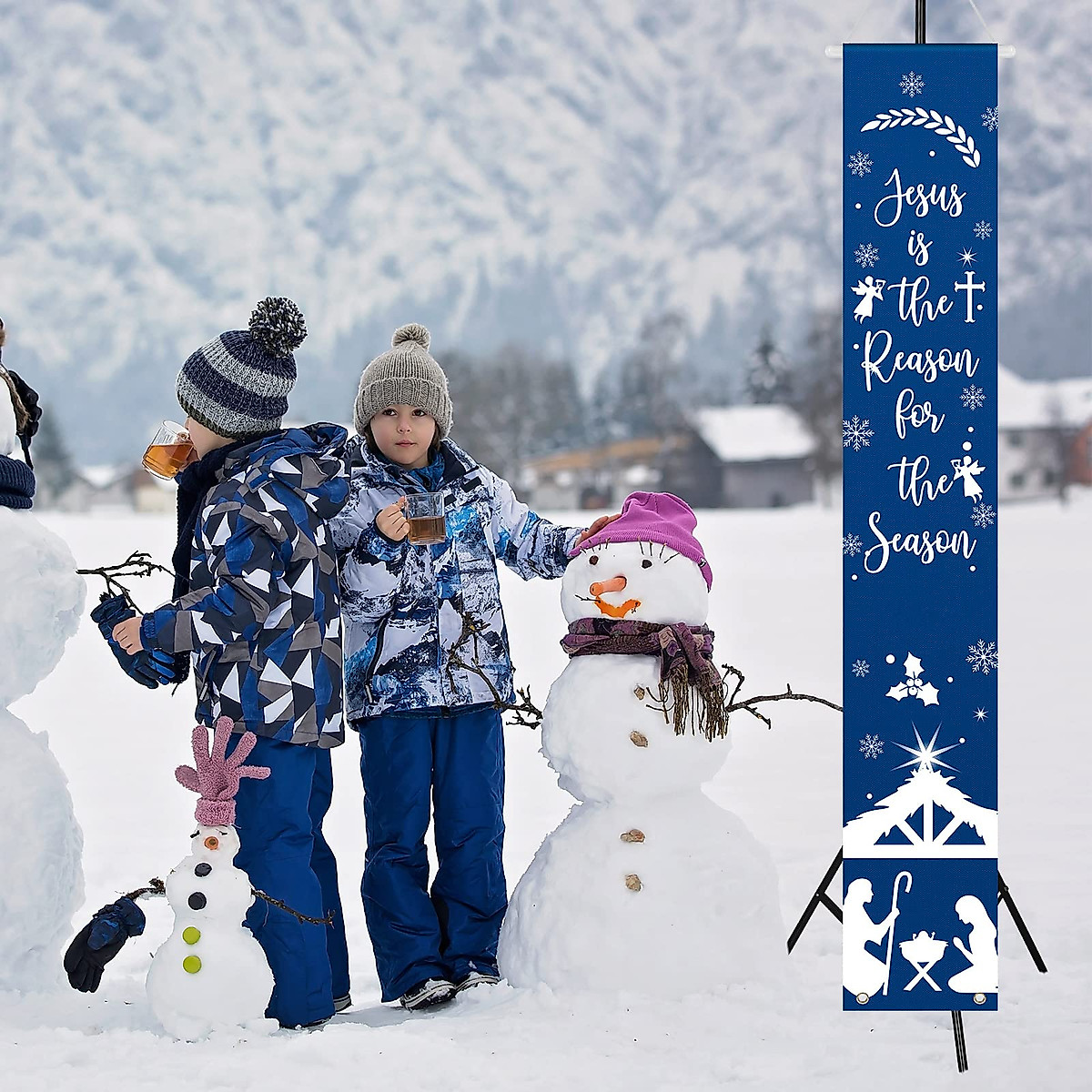 BBTO Pcs Christmas Nativity Scene Porch Sign Jesus Is The Reason for Season Banner Religious Holy Door Xmas Hanging Decorations Home Front 1BBTO x 7BBTO Inch, blue, white