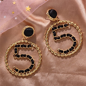 Women Jewelry Simple Simulated Pearl Number 5 Big Circle Earrings Black Ribbon Weaves,B Style