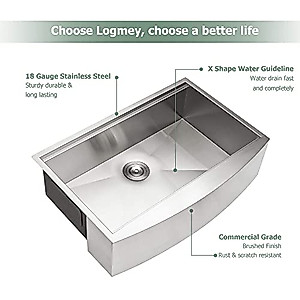 36 Inch Farmhouse Sink - Logmey Stainlese Steel Workstation Farmhouse Kitchen Sink 16 Gauge Apron Front Sink Single Bowl Farm Sink 36x21x9 Inches