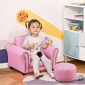 Qaba Kids Sofa Set with Footstool, Upholstered Armchair for Kids 18M+, Baby Sofa for Playroom, Children's Bedroom, Nursery Room, Pink