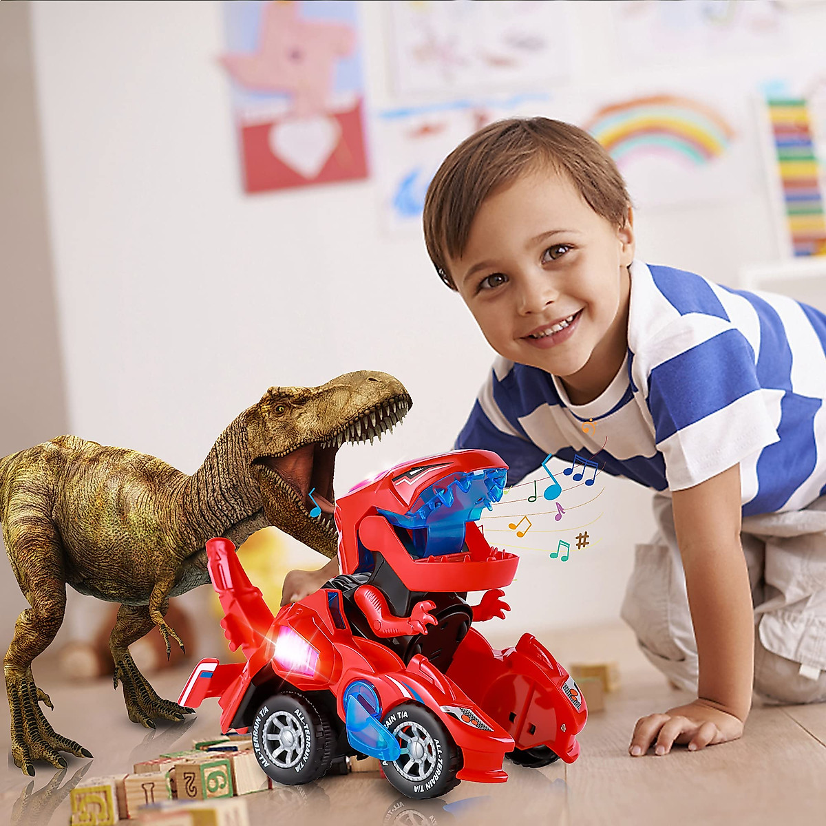 Dinosaur Toys for Kids 3-5: Transforming Dinosaur Car Toy with Light Music for Toddlers 1 2 3 4 5 Year Old Boys Girls - Dino Transformer Toys Cars for Boys 4-6