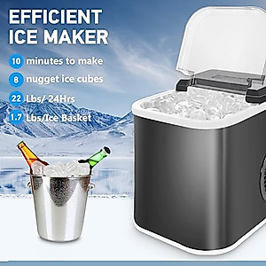 JoyPlanet Countertop Nugget Ice Maker, 8 Ice Cubes Ready in 10 Mins Up to 22lbs of Ice a Day 1.8lbs Ice Capacity Refillable Water Tank for Home Kitchen Office Bar Party (Stainless)