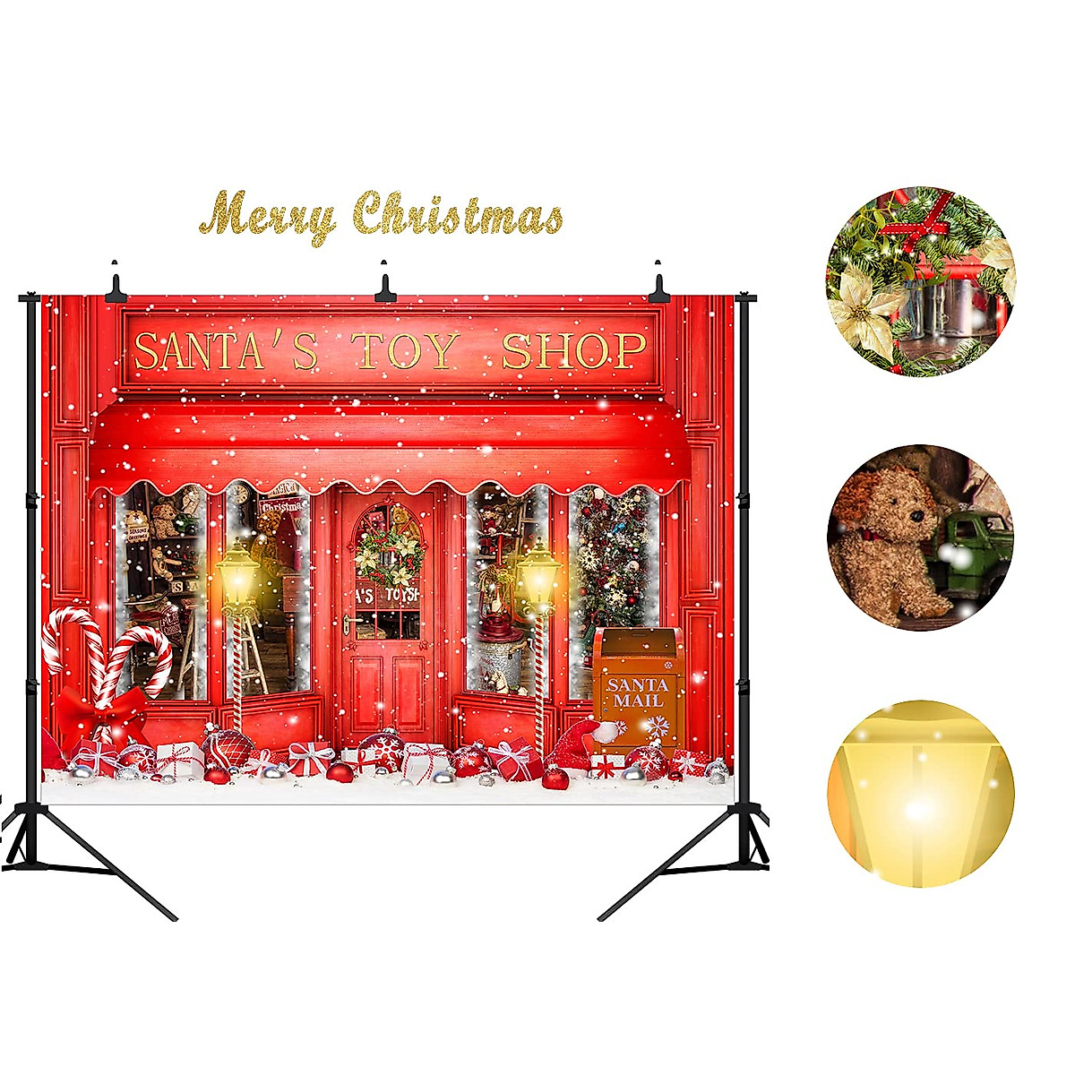 DePhoto Red Christmas Photo Backdrop Santa's Toy Shop Candy Cane in Snow World Xmas Family Holiday Party Banner Photography Background Supplies Decor Studio Prop PGT673A 7x5ft