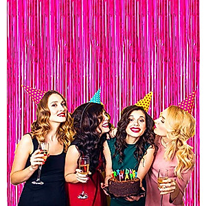 2 Pcs 3.2ft x 8.2ft Shiny Hot Pink Metallic Tinsel Foil Fringe Curtains Photo Booth Backdrop for Birthday Wedding Holiday Celebration Bachelorette Party Decorations (Hot Pink)