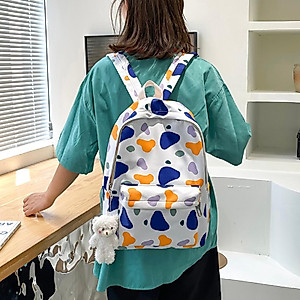 Cow Print Backpack for School, 6Pcs Set Student Preppy Kawaii Mini Backpack Shoulder Bag Pencil Box with Pin and Accessories (White)
