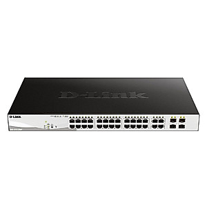 D-Link 28-Port Gigabit Smart Managed PoE+ Switch, 24 PoE+ Ports (370W) + 4 SFP Combo Ports, L2+, VLANs, Web Managed, Surveillance Mode, Rackmount, Energy Efficient, NDAA Compliant (DGS-1210-28MP)