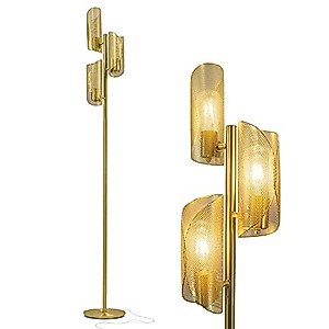 Brightech Lyra LED Tree Floor Lamp for Mid-Century Modern, Contemporary, Industrial Décor, 3 Light Head Standing Lamp with Metal Cage Shade, Standing Pole Tall Lamp for Living Room, Bedroom - Brass