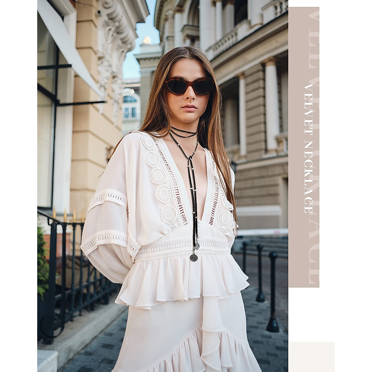 Sureio 6 Pcs Women Black Leather Velvet Long Choker Gothic Boho Brown Wrap Velvet Choker Long Chain Tassels Modern Choker with Velvet Bag for Girls Cowgirl