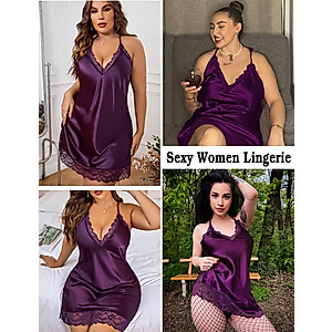 Avidlove Women Lingerie Plus Size Satin Lace Chemise Nightgown Sexy Full Slips Sleepwear Large-4X-Large (XXX-Large, 1 Purple)