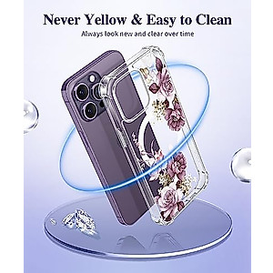 GVIEWIN for iPhone 14 ProMax Case Compatible with MagSafe, [Screen Protector + Camera Lens Protector] [MIL-Grade Protection] Magnetic Floral Clear Shockproof Women Phone Case for 14 Pro Max(Purple)