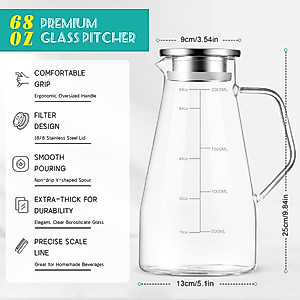 HIHUOS Glass Pitcher with Lid : 68oz Water Pitcher with Precise Scale Line, Easy Clean Heat Resistant Iced Tea Pitcher, Borosilicate Glass Carafe for Juice, Milk, Beverages, Mimosa Bar