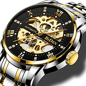 BIDEN Mens Watches Gold Mechanical Automatic Self-Winding Stainless Steel Skeleton Luxury Waterproof Diamond Dial Wrist Watches for Men