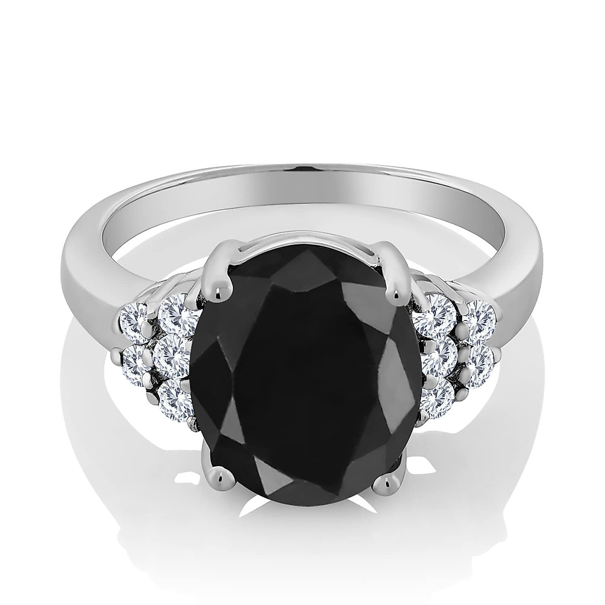 Gem Stone King 925 Sterling Silver Ring Oval Black Sapphire and Moissanite (6.38 Cttw) (Size 9)