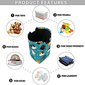 visesunny Collapsible Laundry Basket Funny Cat and Fish Bone Cartoon Large Laundry Hamper with Handle Toys and Clothing Organization for Bathroom, Bedroom, Home, Dorm, Travel