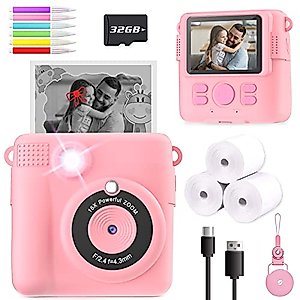 ESOXOFFORE Instant Print Camera for Kids, Christmas Birthday Gifts for Girls Boys Age 3-12, HD Digital Video Cameras for Toddler, Portable Toy for 3 4 5 6 7 8 9 10 Year Old Girl with 32GB SD Card-Pink