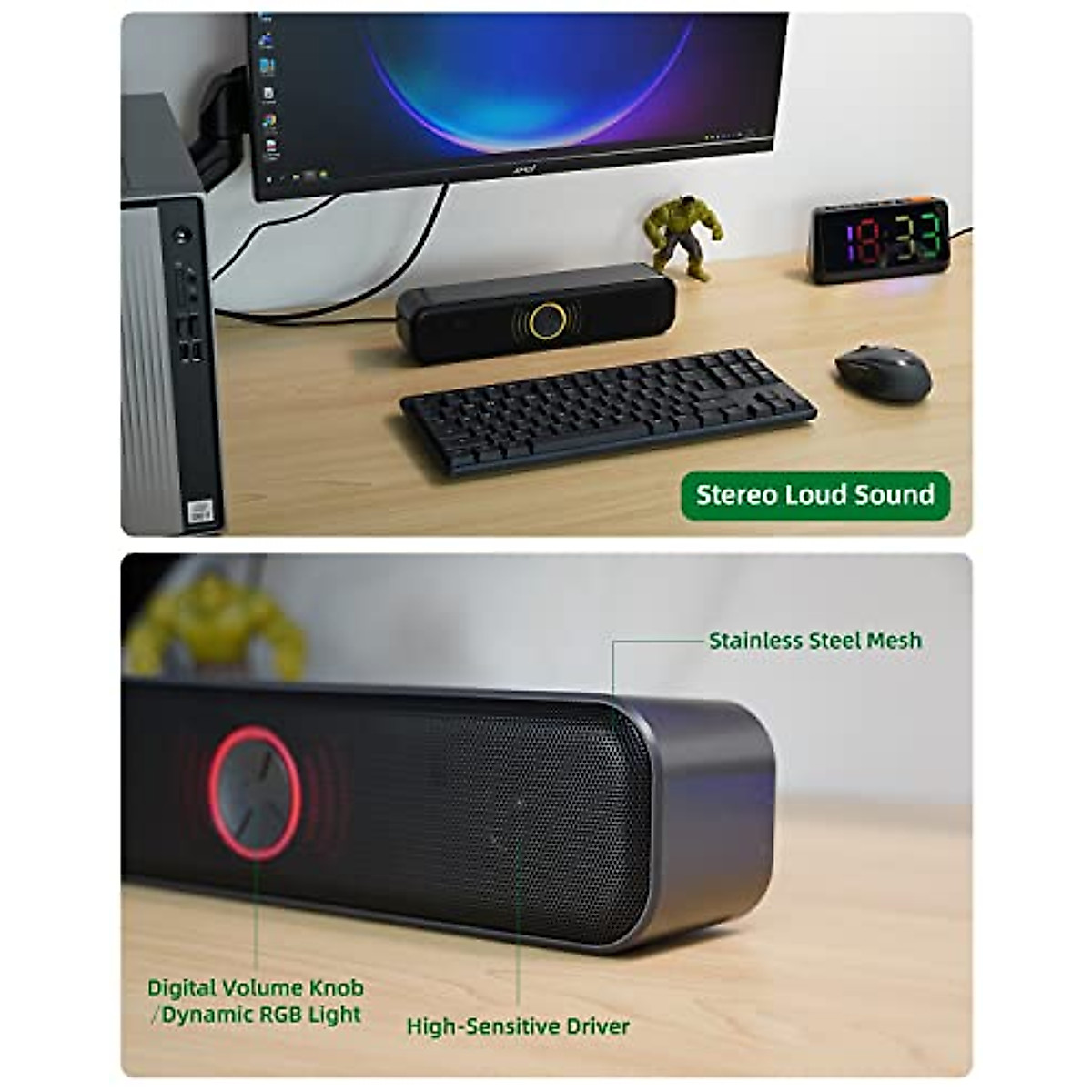YOFANQI USB Computer Speakers for Desktop, Laptop, PC Gaming Speakers, Small Computer Sound Bar with Stereo Loud Sound, Enhanced Bass, Dynamic RGB Light, Digital Volume Knob