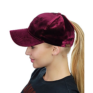 C.C Ponycap Messy High Bun Ponytail Soft Velvet Adjustable Baseball Cap Hat, Burgundy