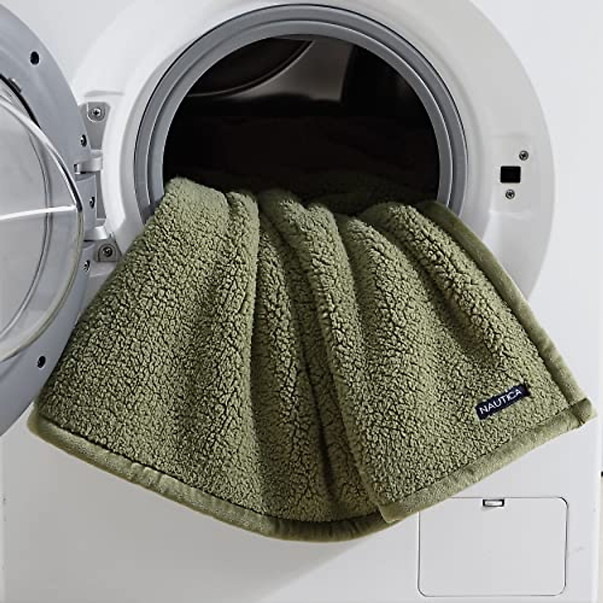 Nautica- Throw Blanket, Ultra Soft Plush Sherpa Home Décor, Reversible All Season Bedding (Solid Green/Ivory, 50 x 60)