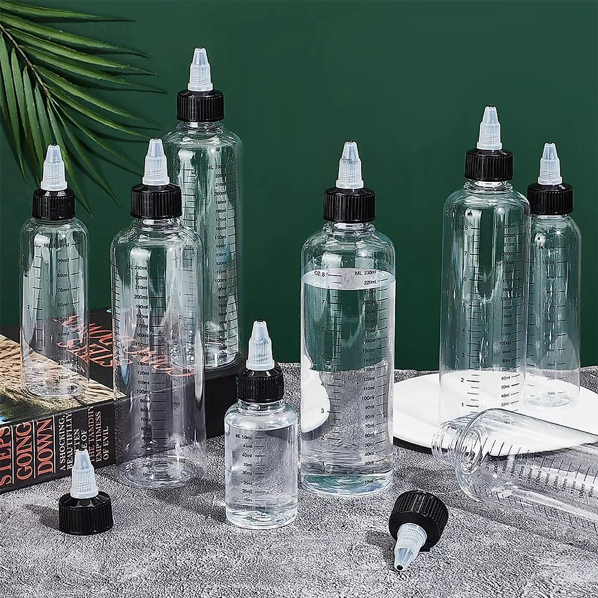 BENECREAT 8 Pack 8oz Large Transparent Plastic Dispensing Bottle with Twist Cap and Graduated Measurement for Liquids, Inks, Oils, Arts and Crafts