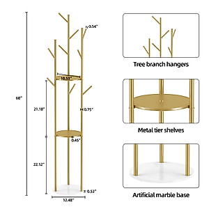 MOUTIK Metal Gold Coat Rack, Tree Hanger Freestanding Coat Racks with 3 Storage Shelves and 9 High-grade Hooks and Stable Marble Base, for Jackets Hats Bags Purses Entryway Hall Bedroom