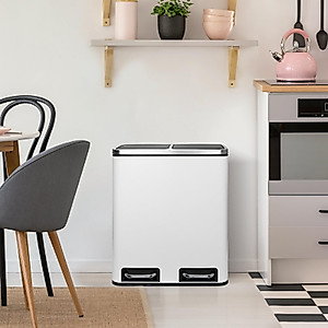 Arlopu 8 Gallon Dual Trash Can, 30L(2X15L) Stainless Steel Kitchen Garbage Can, Step-on Classified Recycle Garbage Bin with Removable Inner Buckets, for Kitchen, Living Room, Office (White)