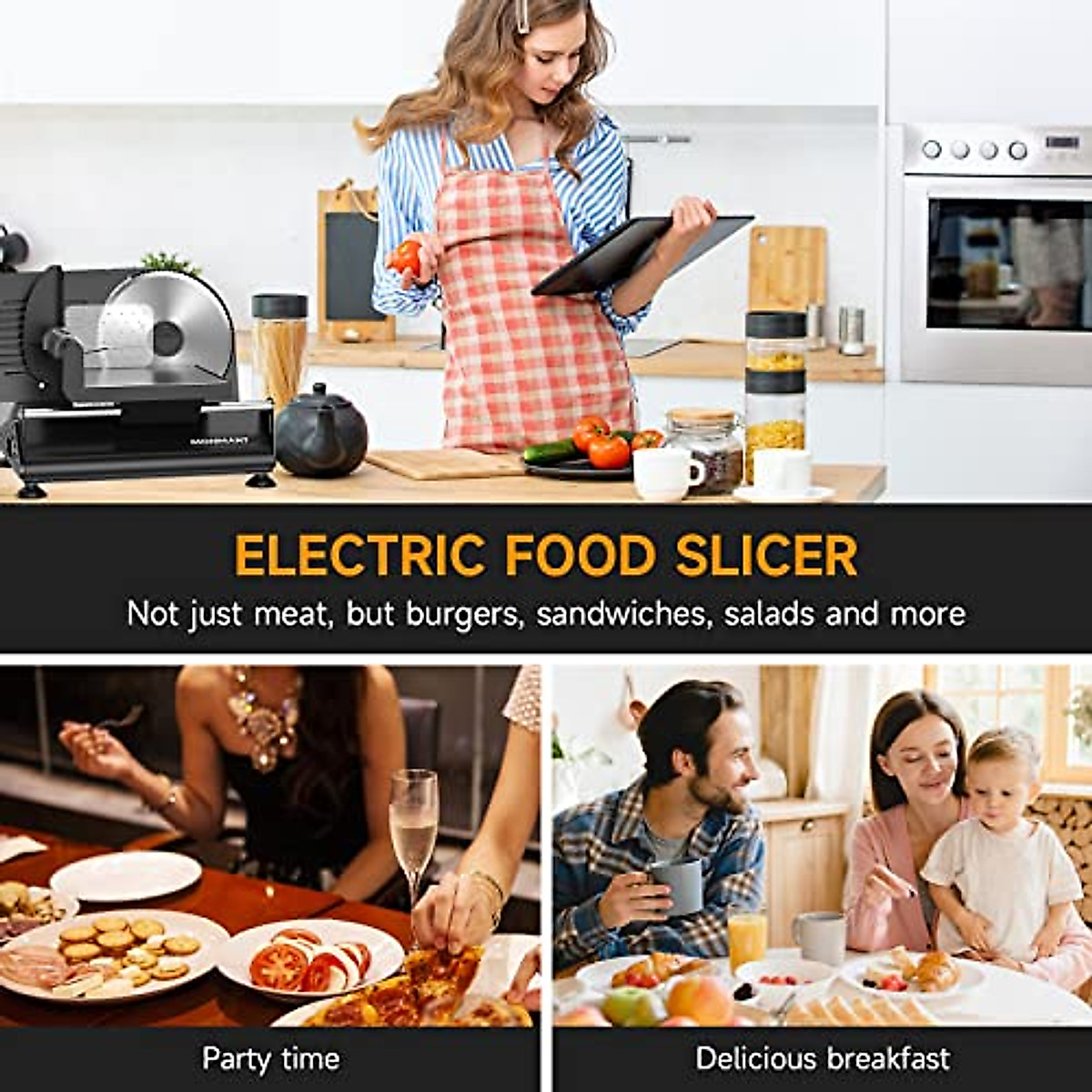 200W Meat Slicer with Two 7.5” Blades & One Stainless Steel Tray for Home Use, Electric Deli Food Slicer with “Upgrade” Big Thickness Knob (0-15mm) Cut Meat Cheese Bread, Easy to Clean