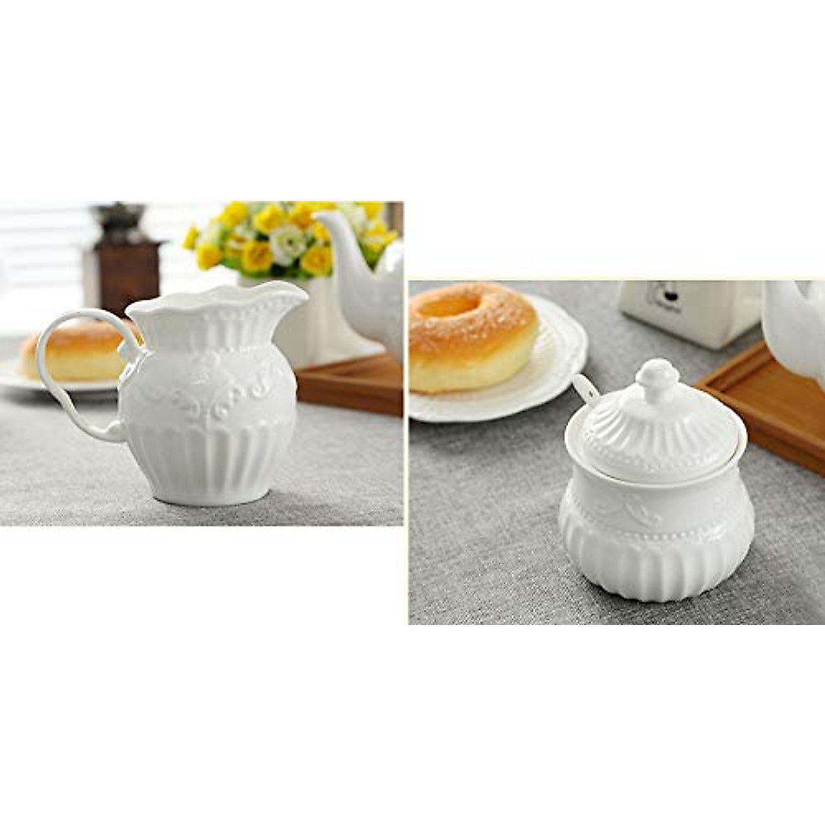 FUYU Relief White Ceramic Creamer and Sugar Bowl Set Coffee Serving Set Cream Pitcher
