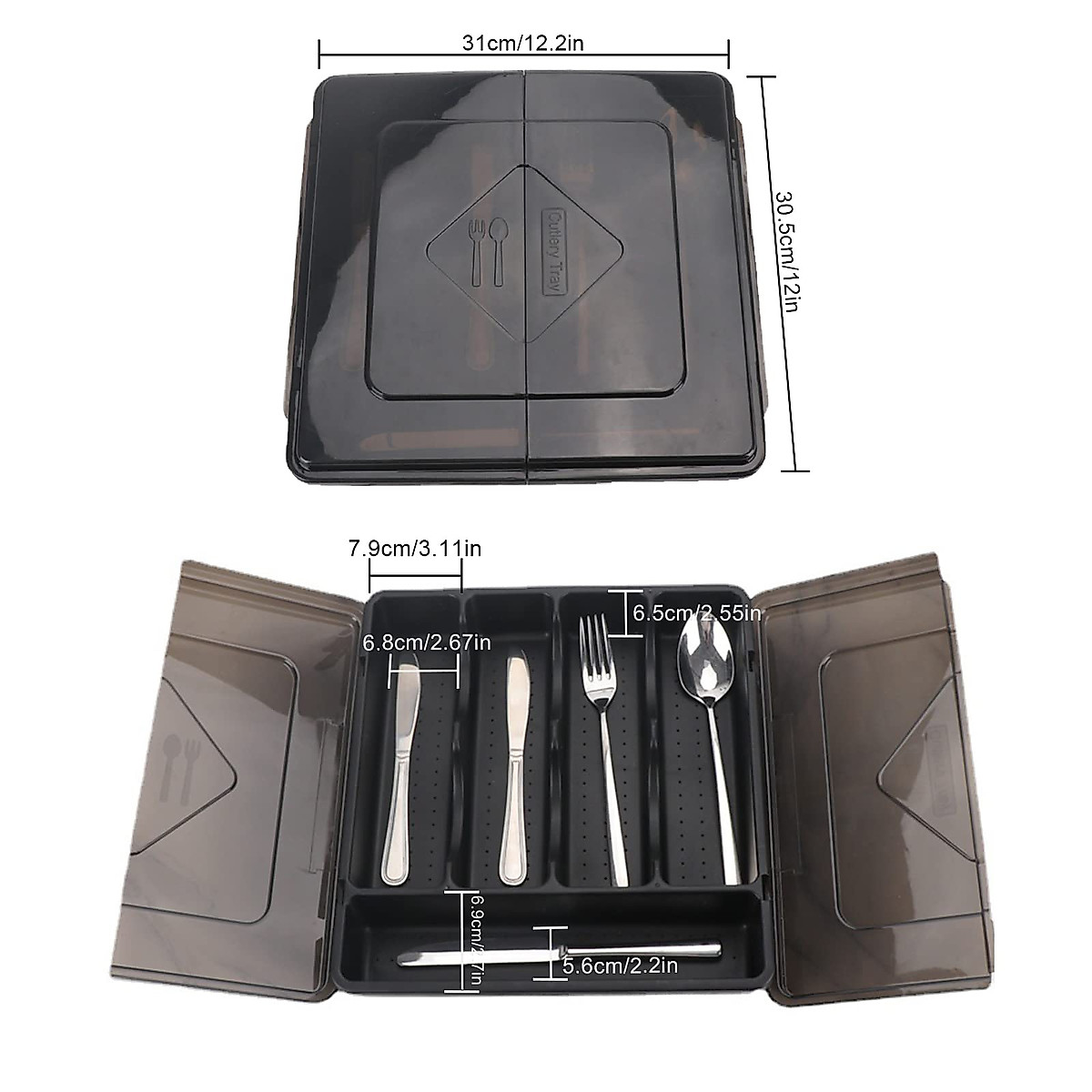 RNCOZE Utensil Holder for Countertop with Lid, 5 Compartments Flatware Organizer, Portable Flip Cover Silverware Organizer Storage Case, Plastic Silverware Tray for Drawer Countertop