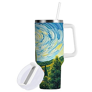 RPLIFE Landscape Painting Swirling Sky Travel Coffee Tumbler, Stainless Water Bottle, Insulated Cup with Straw, Tumbler for Men
