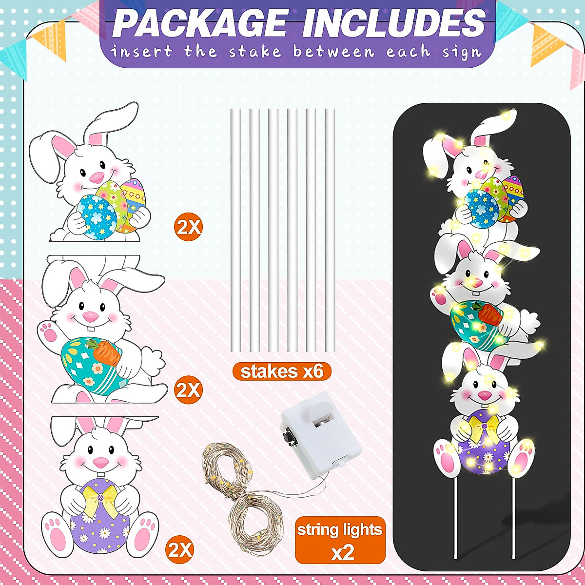 2 Sets Tumbling Bunnies Yard Stakes 43.3 Inch Outdoor Easter Decorations Corrugated Plastic Funny Easter Yard Signs with 2 Warm LED String Lights 6 Stakes for Easter Outdoor Lawn Garden Decorations