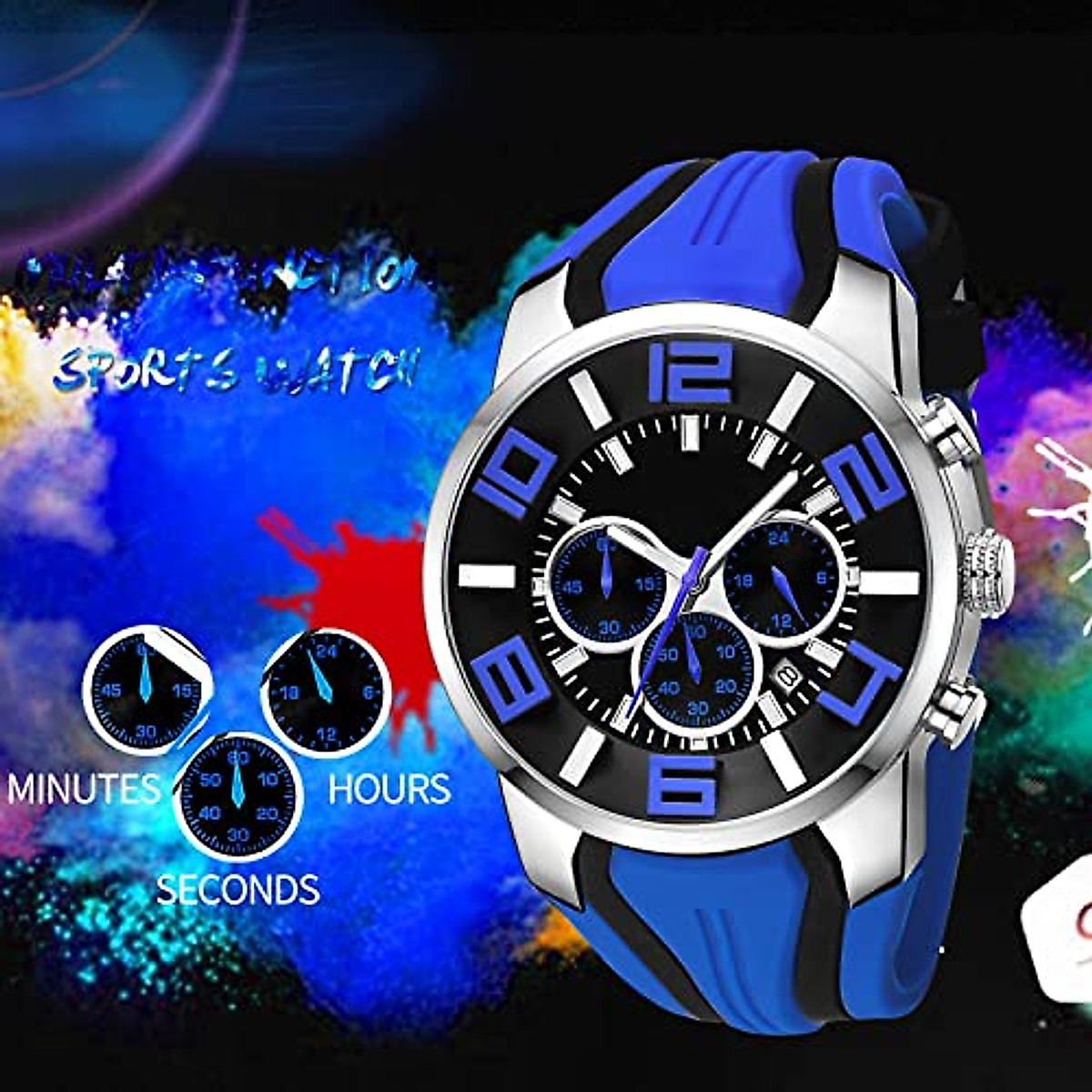findtime Blue Mens Sport Watches for Men Reloj para Hombre Colorful Analog Wrist Watch Chronograph for Running Training Stopwatch