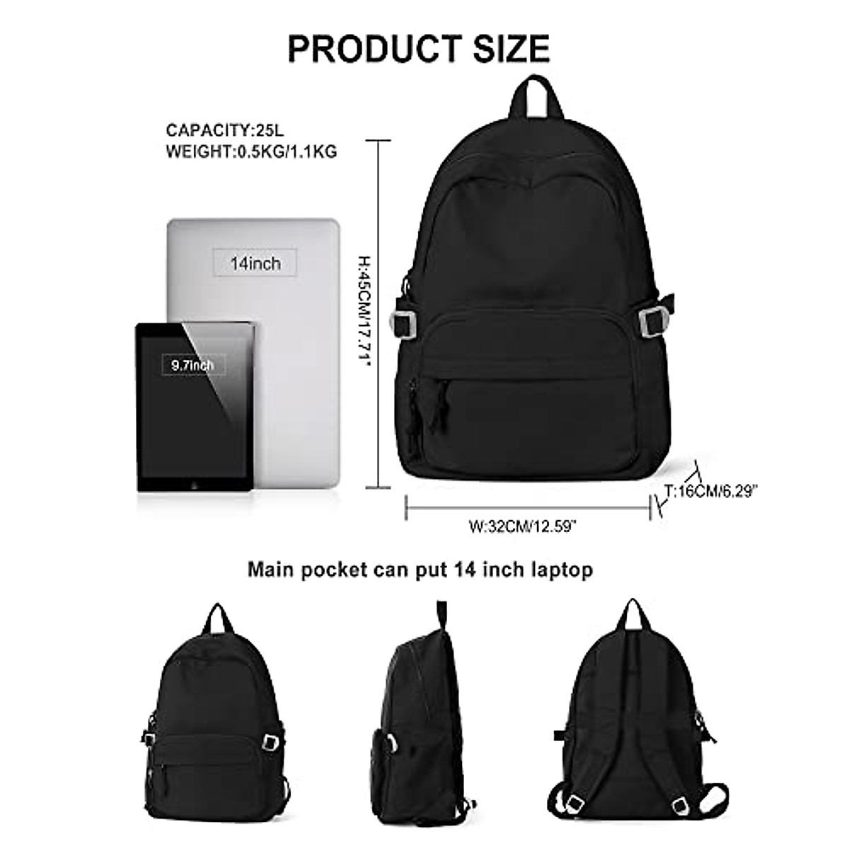 winspansy Small Travel Backpack For Women Men Aesthetic Lightweight Daypack Simple Cute Backpack Waterproof College bag Fit 14 Inch Laptop, Black