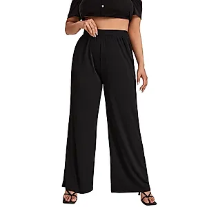 WDIRARA Women's Plus Size Wide Leg Palazzo Pants Elastic High Waisted Loose Trousers Black 1XL