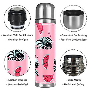 Cute Zebras and Watermelon Pink Stainless Steel Water Bottle, Leak-Proof Travel Thermos Mug, Double Walled Vacuum Insulated Flask 17 OZ