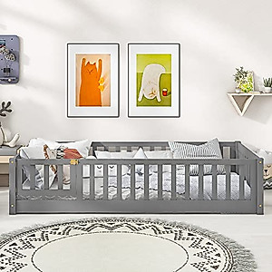 Twin Size Floor Platform Bed with Fence, Wooden Playpen Bed for Kids, Kids Fence Bed with Door, No Box Spring Needed (Grey)