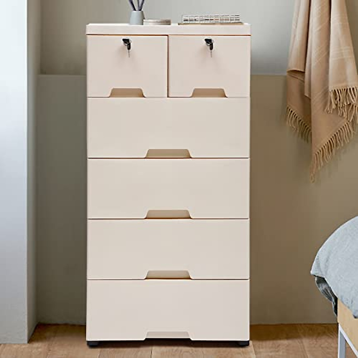 OUKANING Plastic 6 Drawers Storage Cabinet, Modern Beige PP Stackable Vertical Clothes Storage Tower for Storing Clothes, Toys, Books, and Other Items