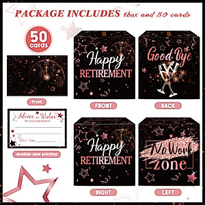 Funrous 51 Pcs Retirement Card Box Happy Retirement Party Decorations Well Wishes and Advice Card for Women Men Going Away Party Favors(Rose Gold and Black)