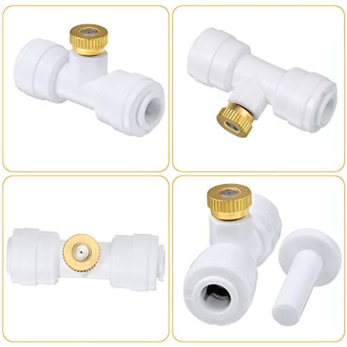 16 Pieces Brass Misting Nozzles Kit Atomizing Nozzle Kit 0.4 mm Orifice 2 Points 1/4 Inch Lock Misting Nozzles with 4 Pieces Plug for Patio Misting System Outdoor Cooling System Garden Water