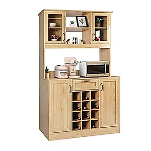 OKL Kitchen Pantry Storage Cabinet, 71" Traditional Freestanding Kitchen Buffet with Hutch with Microwave Countertop & Shelves, Kitchen Cupboard with Glass Doors for Living Room, Dining Room, Brown