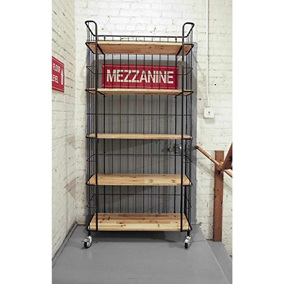 Creative Co-Op 5 Tier Wood Shelves with Metal Frame & Caster Wheels