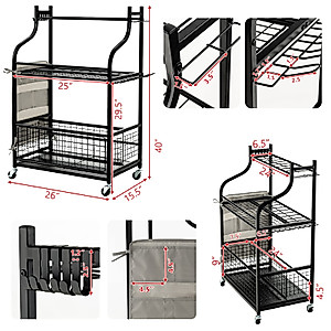 Goplus Garden Tool Organizer, 3-Tier Garage Tool Storage Cart w/Removable Hooks, Side Bag, Universal Wheels, Yard Tool Rack Holder, Metal Tool Rolling Cart for Shed, Lawn