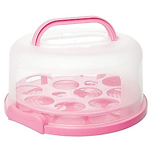 Red Co. 11 inch Cake & Cupcake Muffin Carrier Holder with Collapsible Handles, Pink Tray/Clear Lid