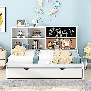 Harper & Bright Designs Full Size Daybed Twin Size Trundle,USB Ports and Storage Shelves,Wood Full Size Bed Frame Blackboard,Cork board and Bookshelf,Full Sofa Bed Living Room Bedrooms,White