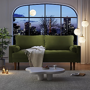 Meeyar 70 Inch Velvet Sofa, Comfy 3 Seater Loveseat Sofa Couch with Tufted Seat, Mid-Century Modern Upholstered with Two Throw Pillows, Couches for Living Room, Bedroom, Apartment, Olive Green