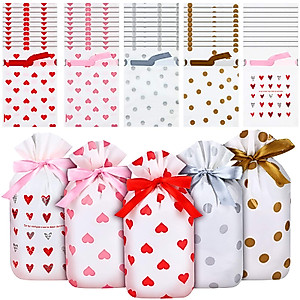 50 Pieces Treat Bags Valentines Day Cookie Goodies Bags Hearts Plastic Drawstring Candy Wrapping Bags for Wedding Party Bridal Engagement Favors, 5 Styles