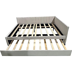 UOCFYK Full Upholstered Daybed with Trundle and Safety Fence,Sofa Bed Frame w/Put Out Sofa Bed Design for Guest Room, Bedroom,No Box Spring Needed, Beige