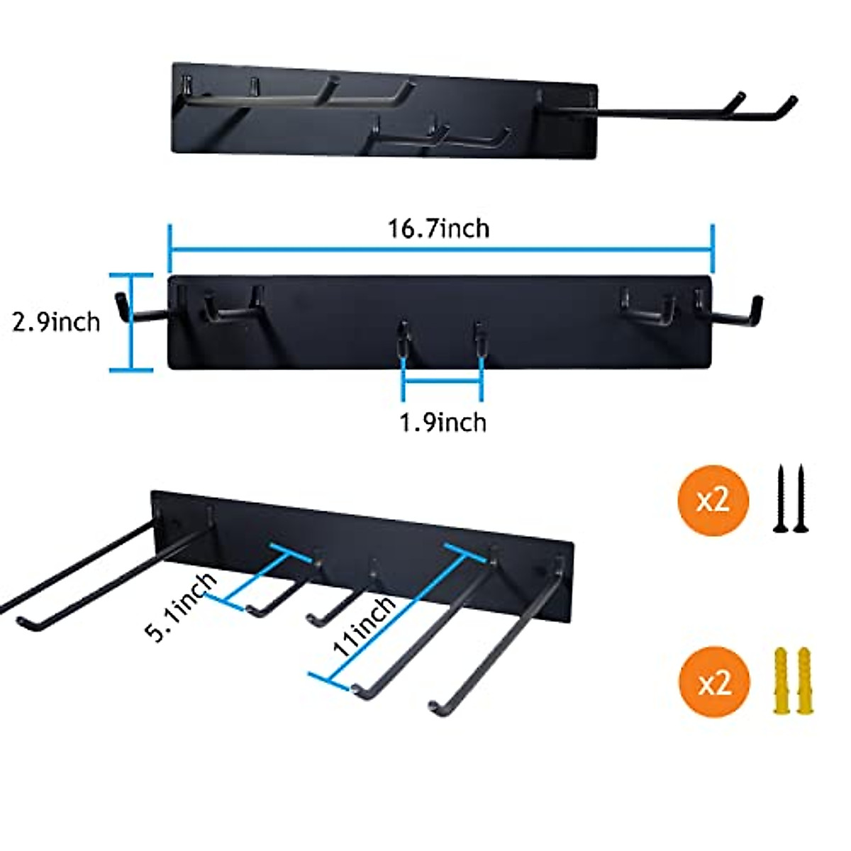 Tool Storage Rack Wall Mount , Garage Wall Mount, Heavy Duty Steel Hooks, Holds Garden Tools Rack ,Heavy Duty Storage Hooks (16.7")
