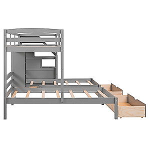 Triple Bunk Beds with Stairs , Wood Twin Over Twin & Twin Bunk Bed with Storage Drawers and Built-in Shelves, Triple Bed for Kids ,3 Bed Bunk Beds with Storage for Girls Boys ,Grey