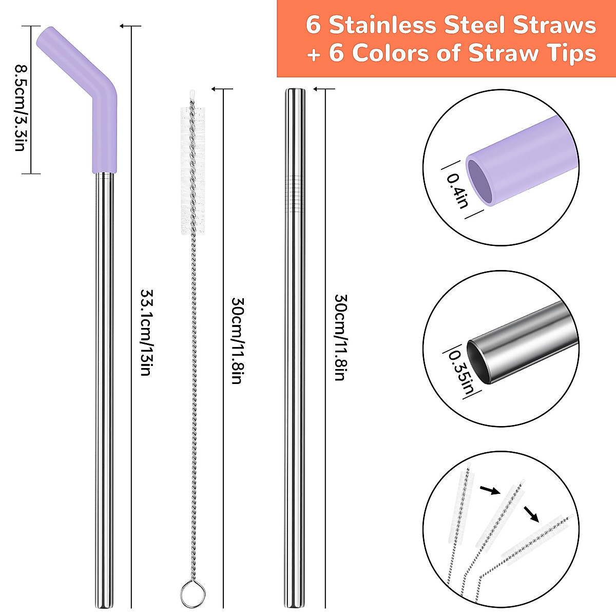 Tomorotec 40oz Straws, 13 Inch Stainless Steel Straw with Silicone Extender Tip for Stanley Adventure Quencher Tumbler 6-Pack with 2 Brushes, 0.35" Diameter Straws Food Grade BPA-Free Colorful Set